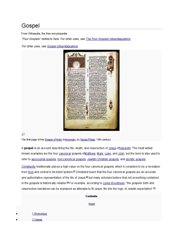 Gospel: "Four Gospels" Redirects Here. For Other Uses, See - For Other ...