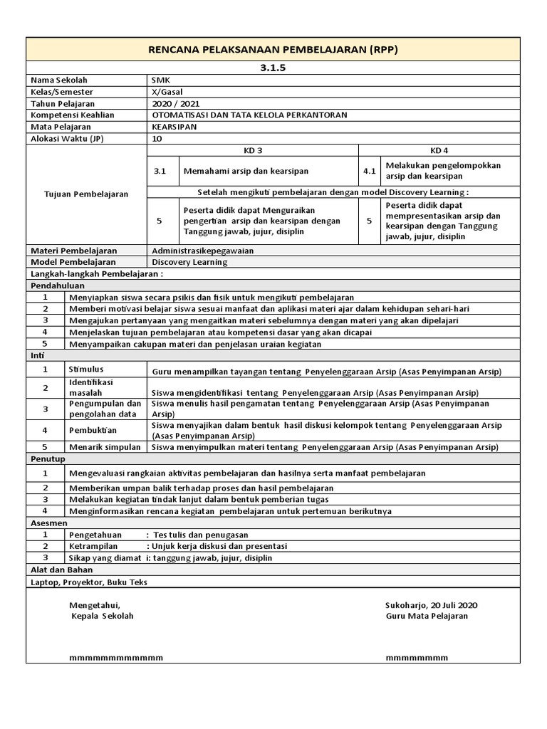 Contoh RPP 1 Lembar | PDF