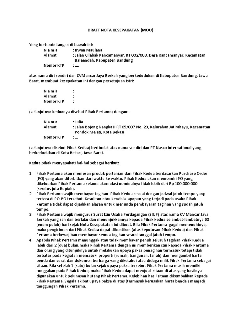 Draft MOU Untuk PO Beras | PDF