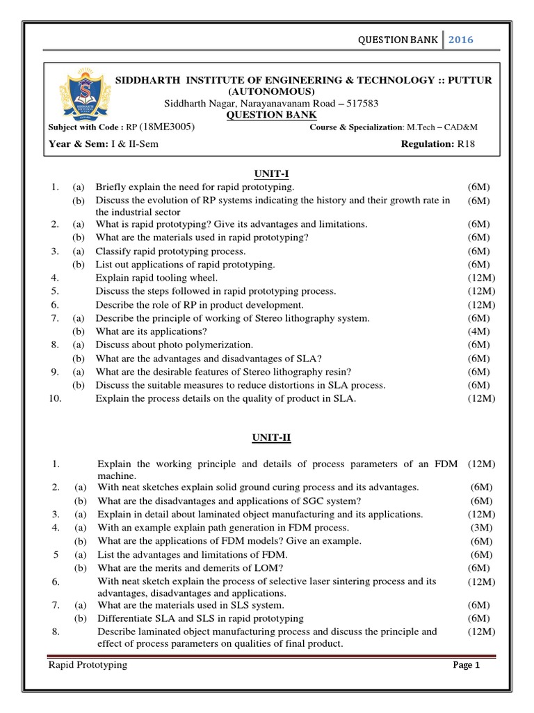 Rapid Prototyping Question Bank for M.Tech CAD & M Students Covering Principles, Processes ...
