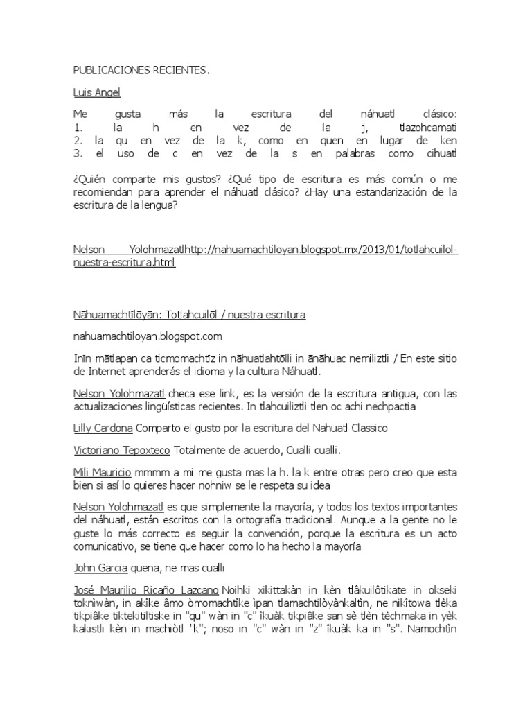 Debate Lengua Nahuatl Clásico y Variante. Nahuatlahtolli. | PDF ...