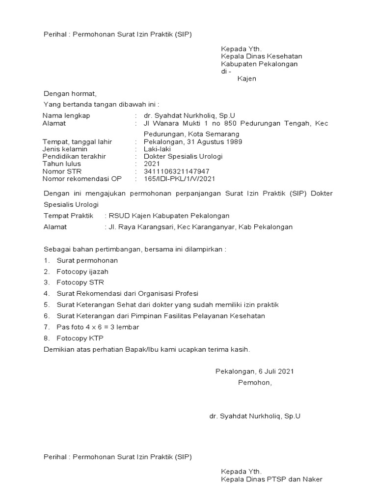 Surat Permohonan SIP Dr. Syahdat Ke Dinkes 2021 | PDF | Pengembangan Diri