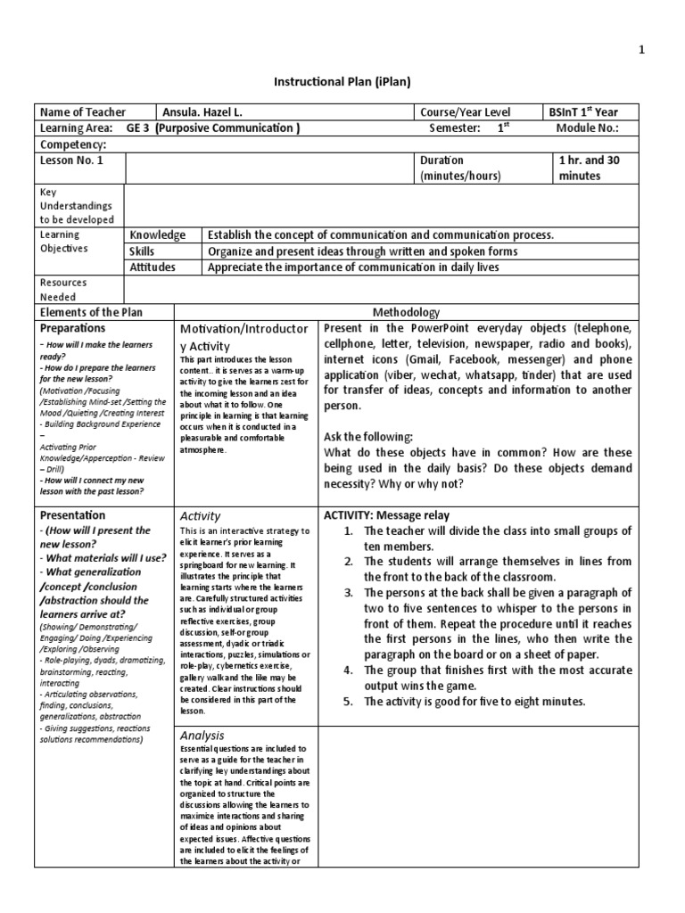 Instructional Plan (Iplan) : Motivation/Introductor Y Activity | PDF ...