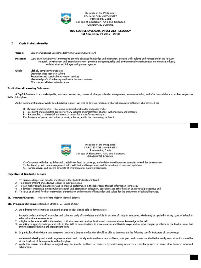 Ecology Course Syllabus - SCI 213 | PDF | Food Web | Ecology