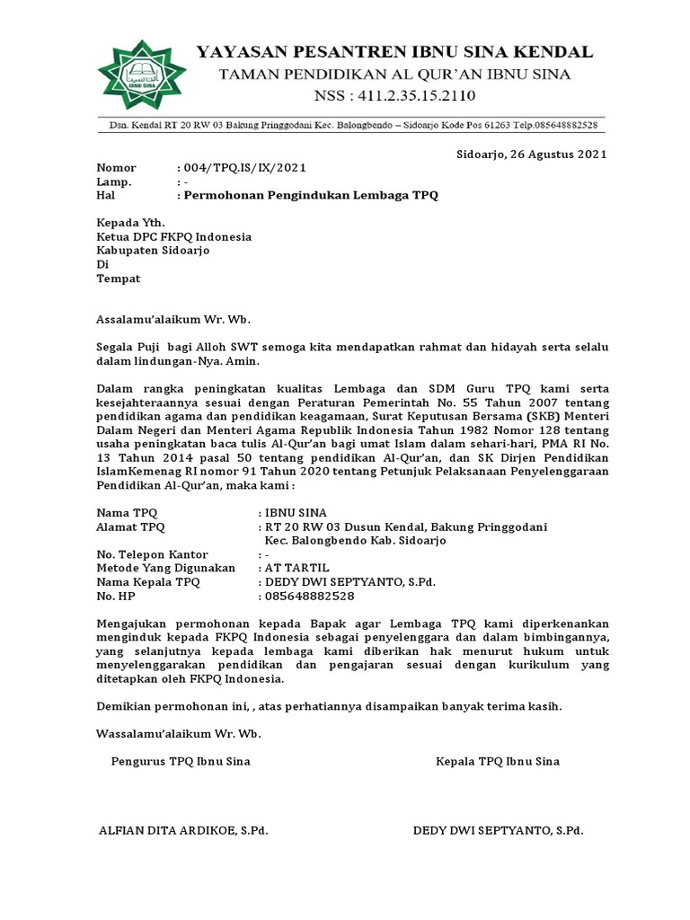 Surat Pengindukan TPQ Ke FKPQI | PDF