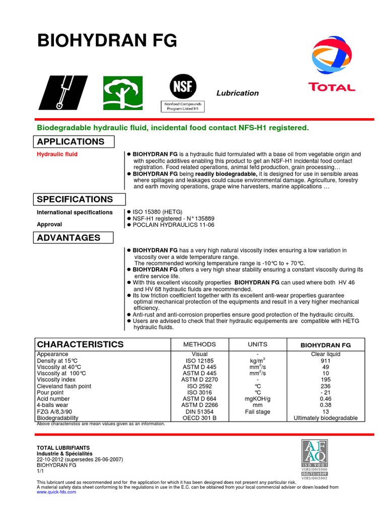 Biodegradable Hydraulic Fluid NSF-H1 Registered | PDF | Viscosity ...