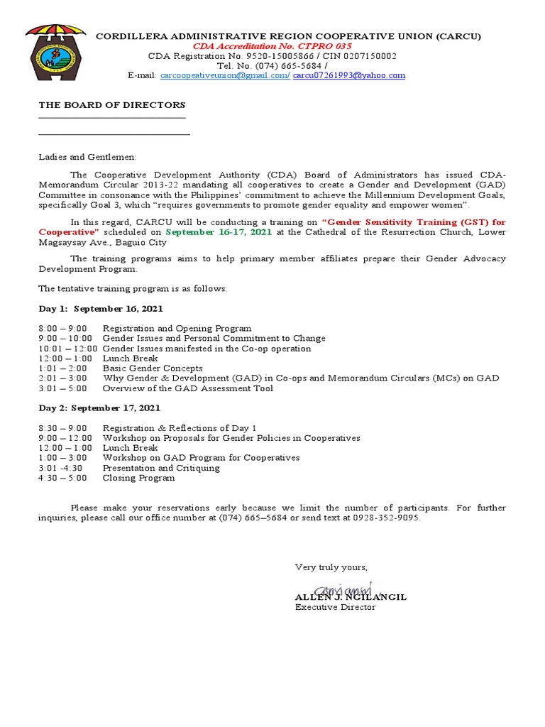 Letter On GAD Training - Doc 2019 | PDF