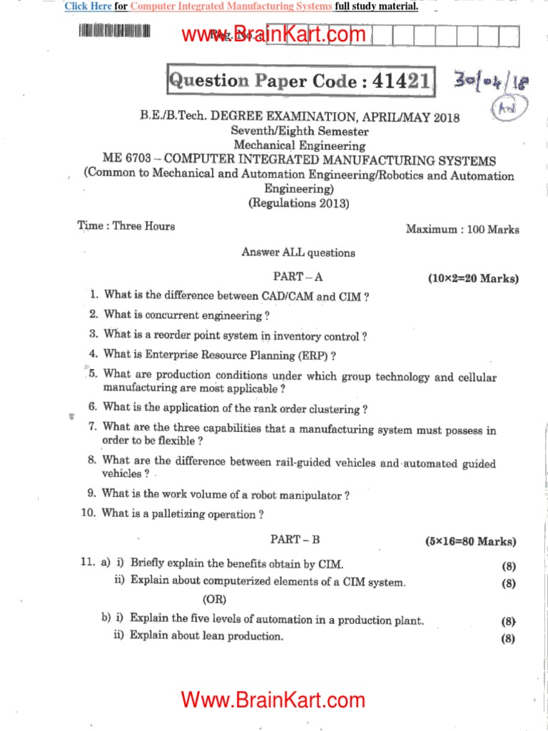 086 - ME8094, ME6703 Computer Integrated Manufacturing Systems - ME6703 ...