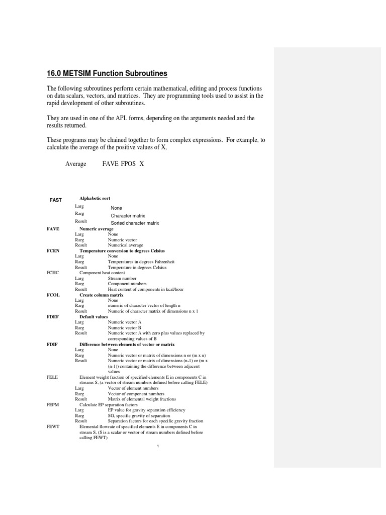 Metsim Function Subroutines For Mathematical And Process Calculations Pdf Matrix