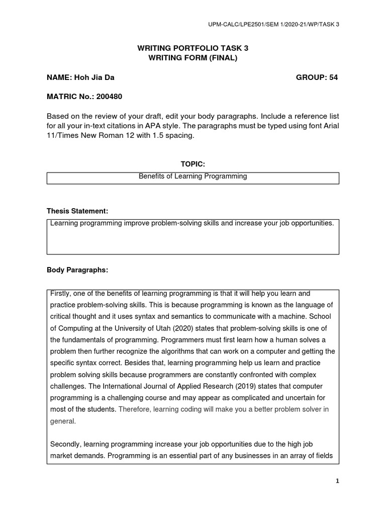 Writing Portfolio Task 3 Writing Form (Final) Name: Hoh Jia Da Group ...
