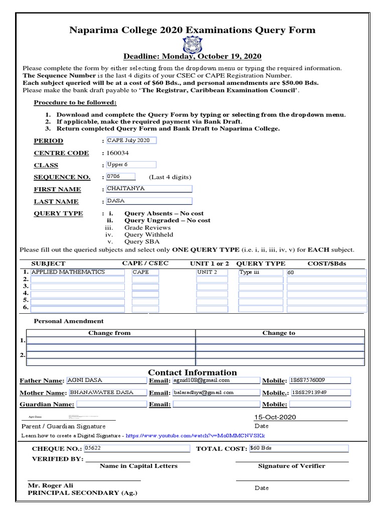 Naparima College 2020 Examinations Query Form: Deadline: Monday ...