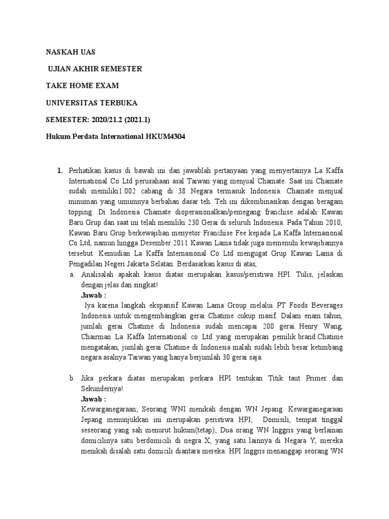 NASKAH UAS Hukum Perdata International HKUM4304 | PDF