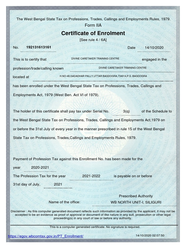 Certificate of Enrolment: Form IIA | PDF