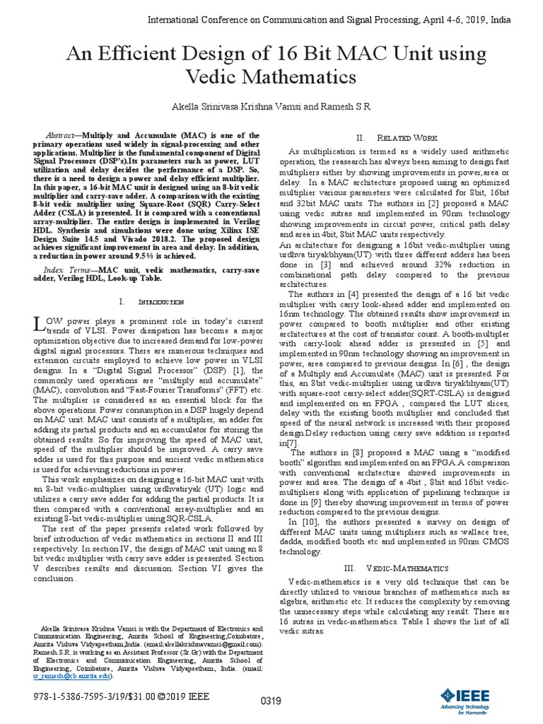 An Efficient Design of 16 Bit MAC Unit Using Vedic Mathematics | PDF ...