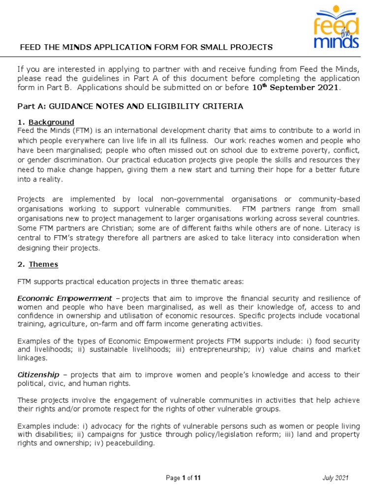 Feed The Minds Application Form For Small Projects: 1. Background | PDF ...