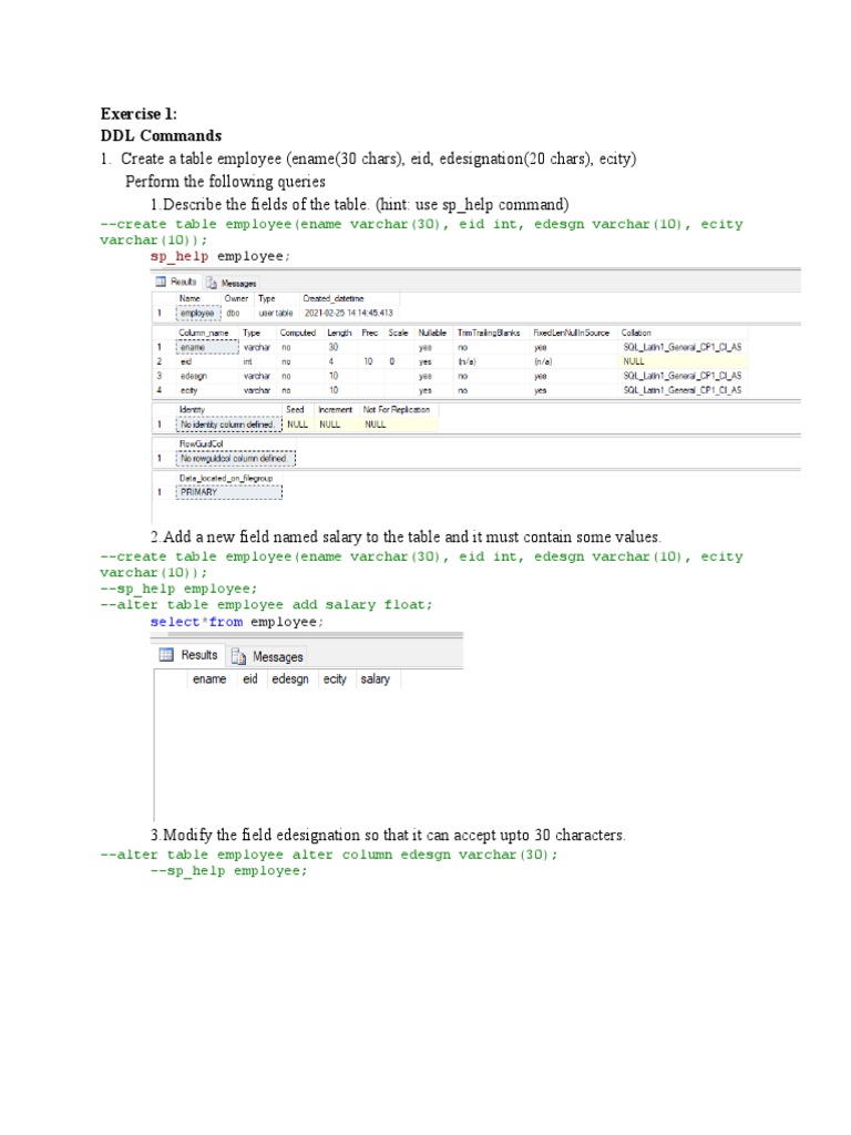 Exercise 1: DDL Commands: SP - Help | PDF | Data | Computer Data