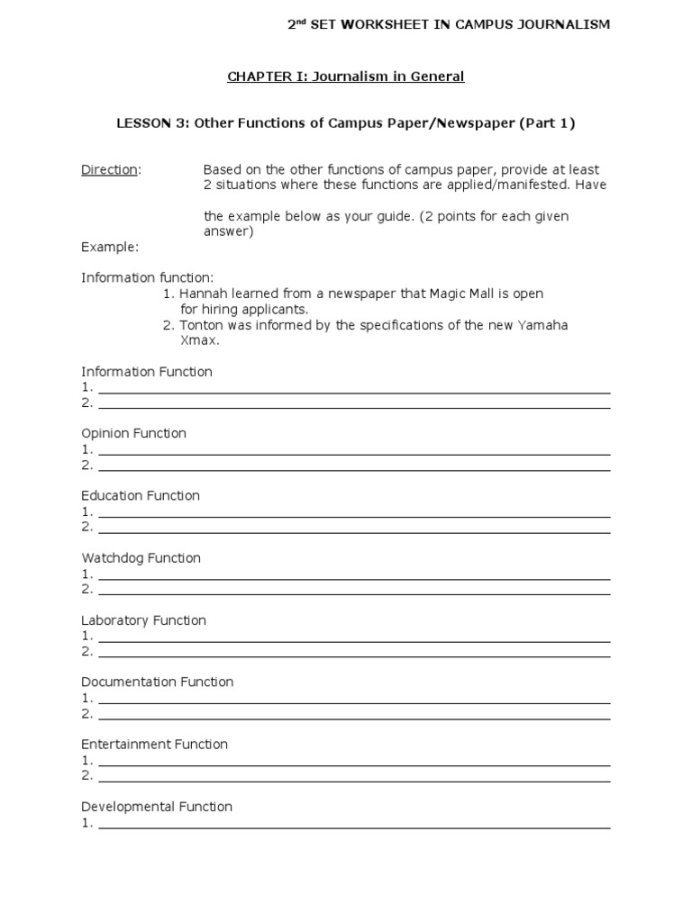 2nd Set Worksheet in Campus Journalism | PDF | Philippines | Newspapers