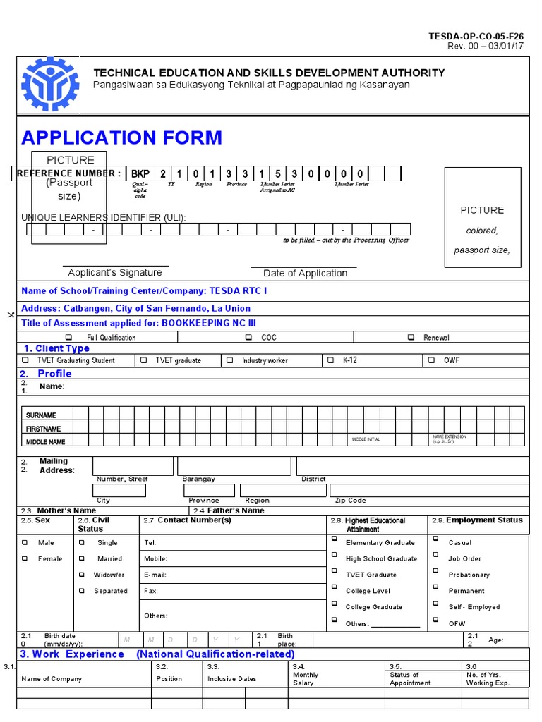 TESDA Application Form for Assessment | PDF