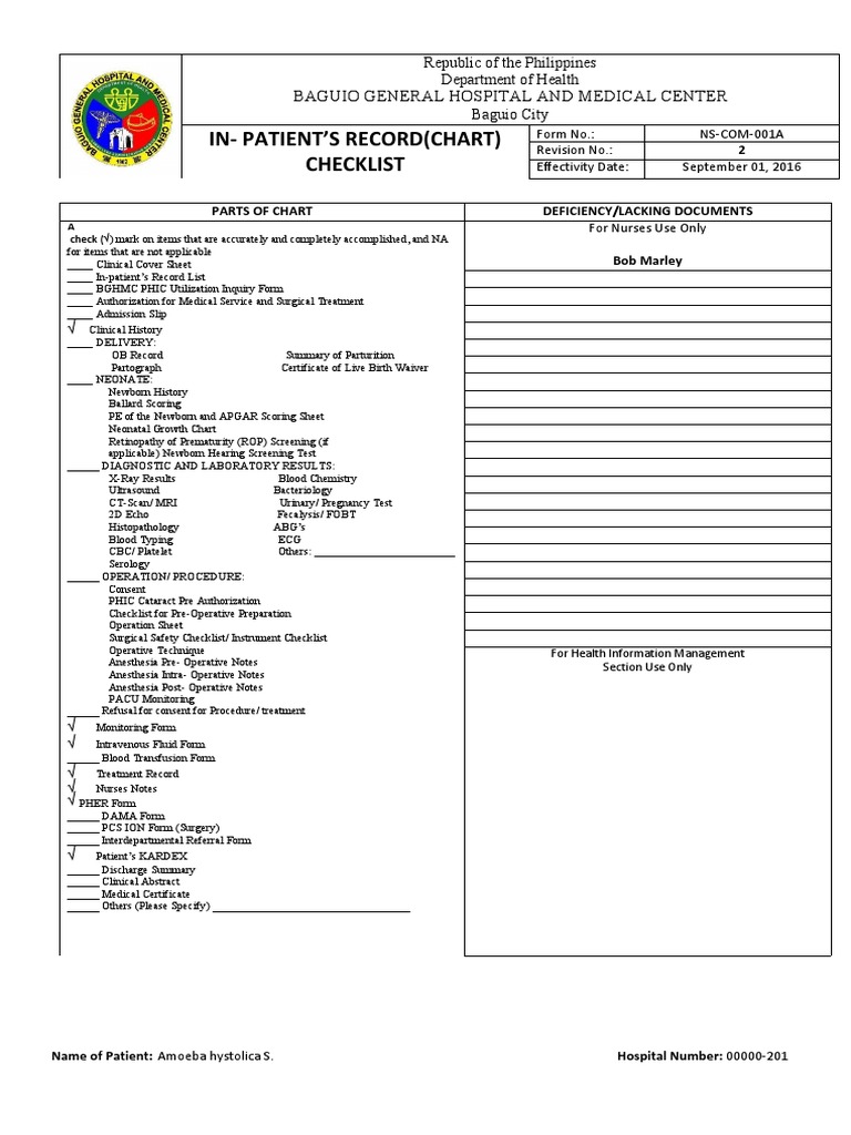 In-Patient'S Record (Chart) Checklist: Baguio General Hospital and ...