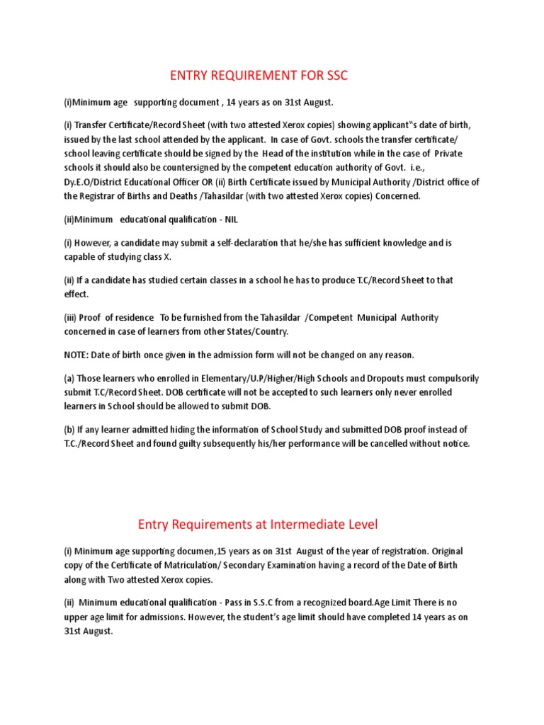 SSC and Intermediate Age Requirements | PDF | Qualifications ...