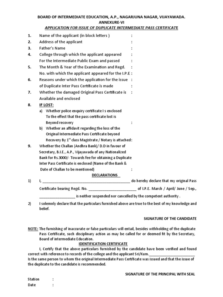 Application For Issue of Duplicate Intermediate Pass Certificat E | PDF | Notary Public | Affidavit