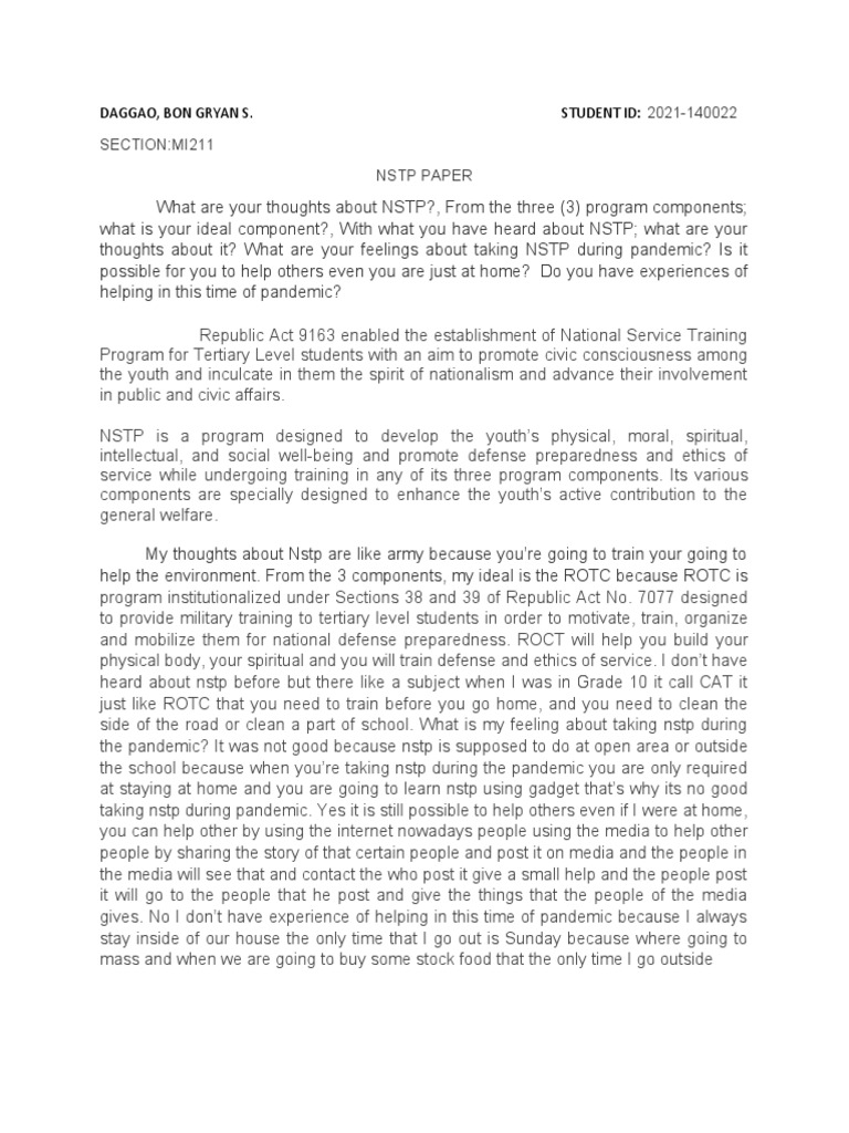 NSTP Reflection Paper | PDF | Philosophical Theories | Psychology