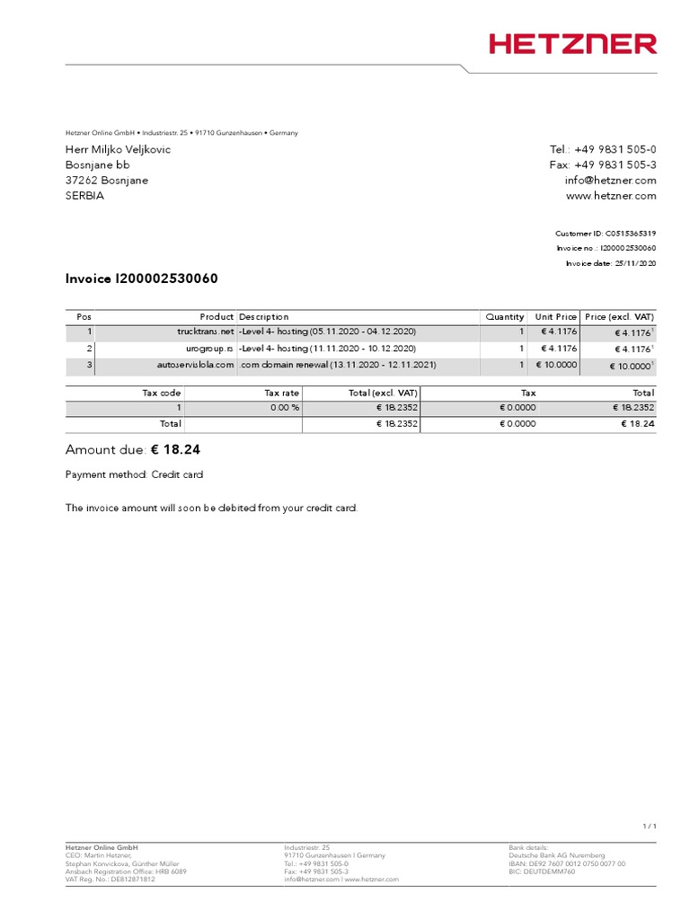 Invoice I200002530060: Herr Miljko Veljkovic Bosnjane BB 37262 Bosnjane ...