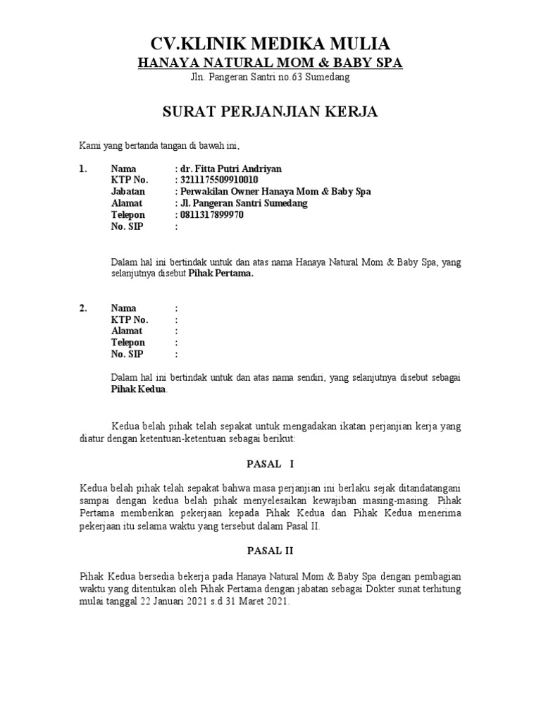 Perjanjian Kerja di Hanaya Spa | PDF | Hukum