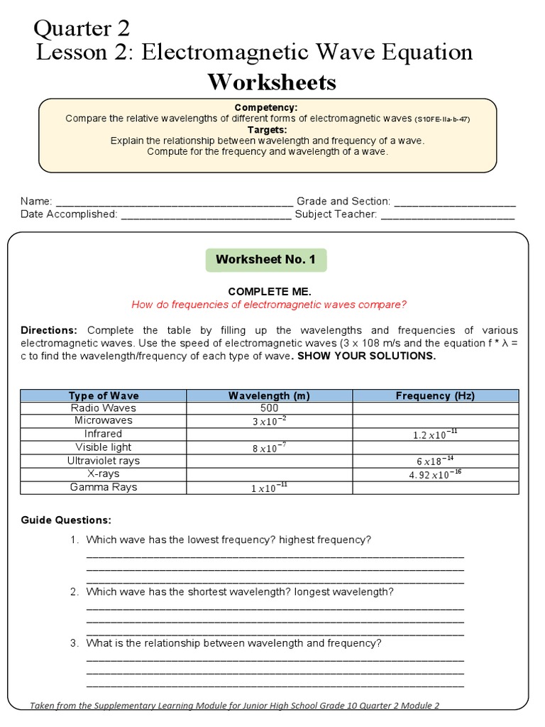 Electromagnetic Waves Worksheet for Grade 10 | PDF | Waves | Frequency