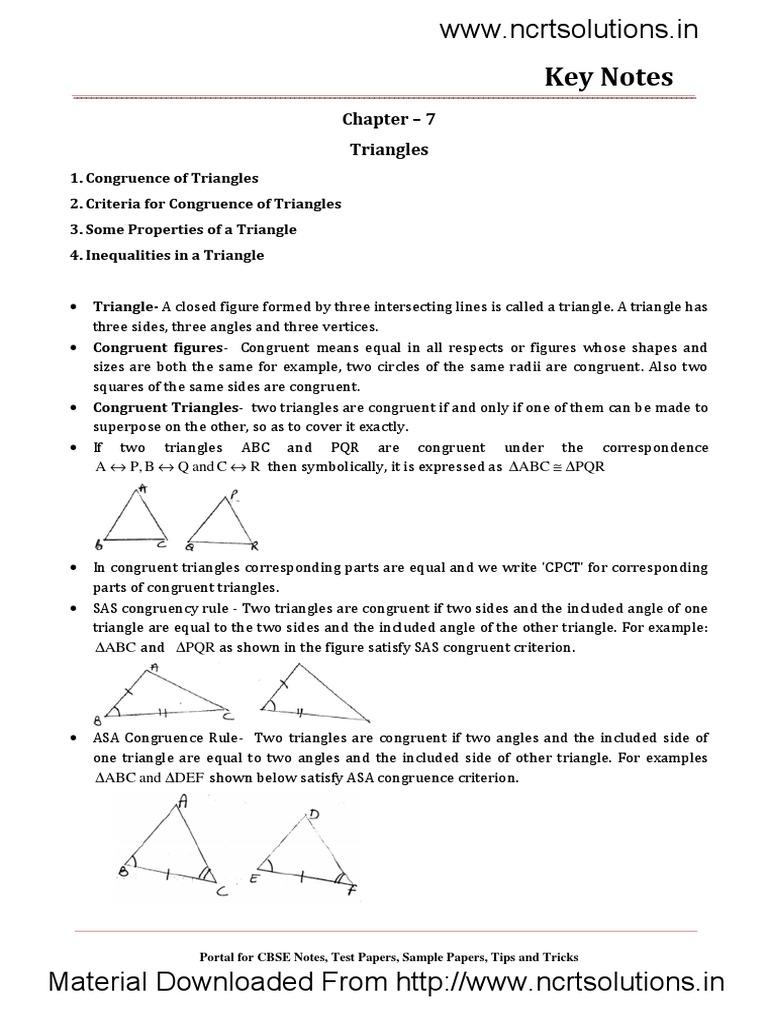 09 Maths Key Notes Ch 07 Triangles Pdf Triangle Classical Geometry
