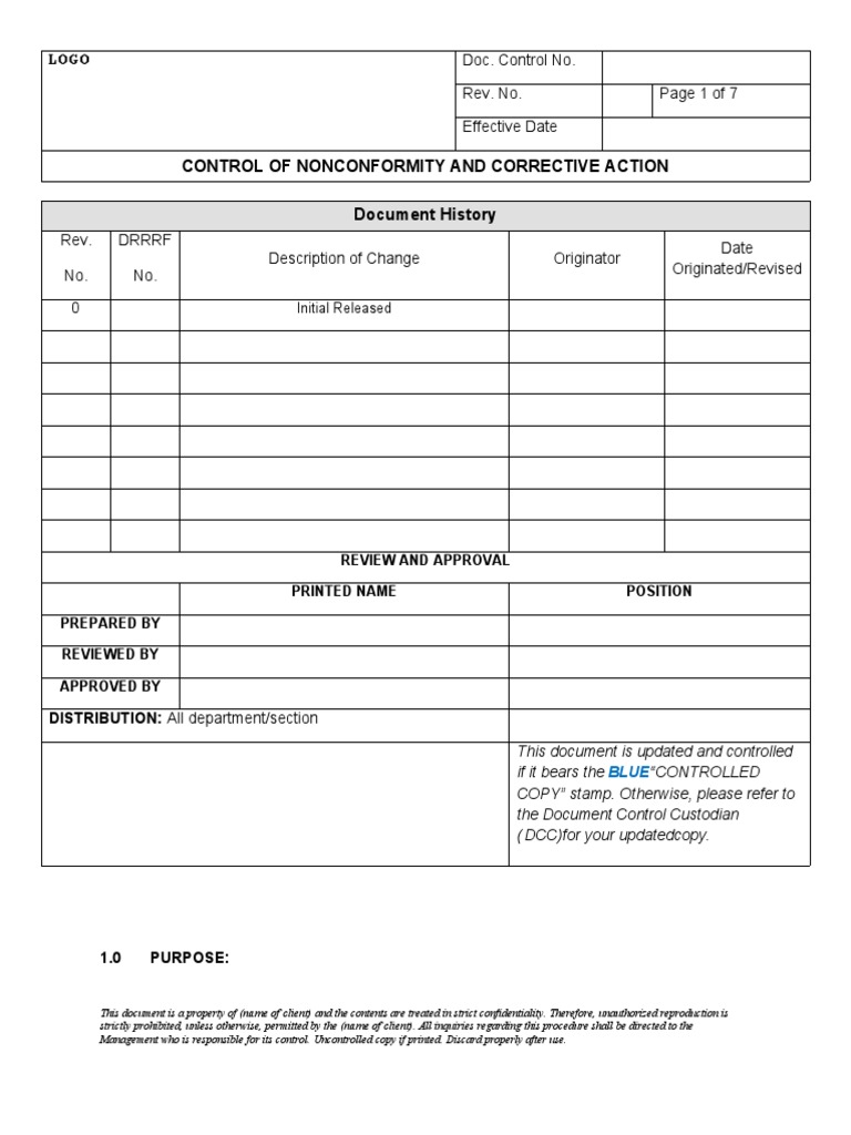 Sample Control Of Nonconformity And Corrective Action Pdf Audit Business