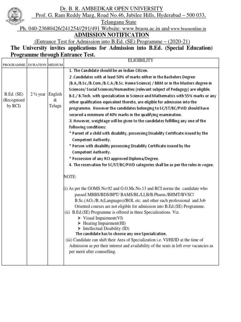 B.Ed. Special Education Admission 2021 | PDF | Academic Degree ...