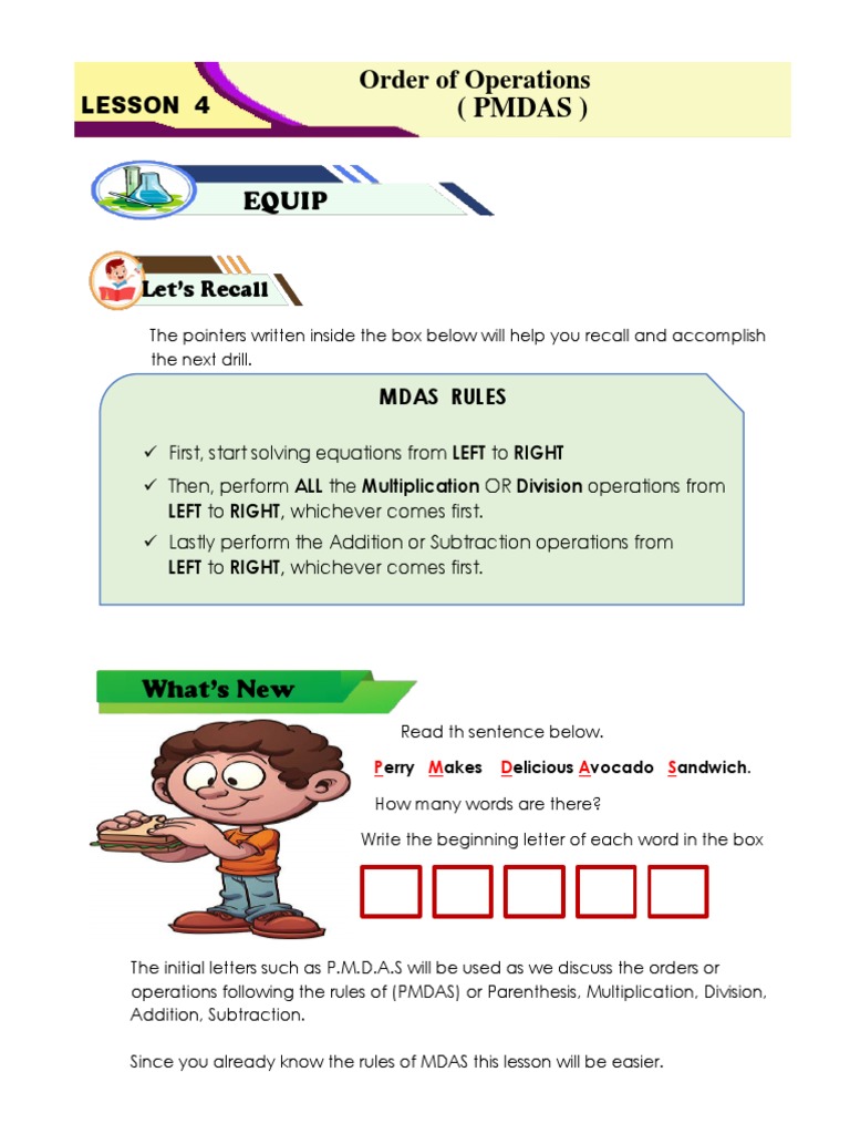 Lesson 4 - PMDAS | PDF | Multiplication | Mathematics