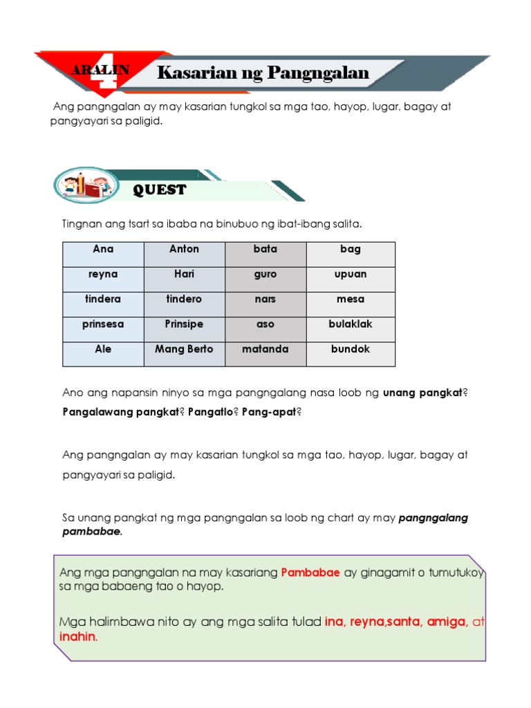 Aralin 4 - Kasarian NG Pangngalan | PDF