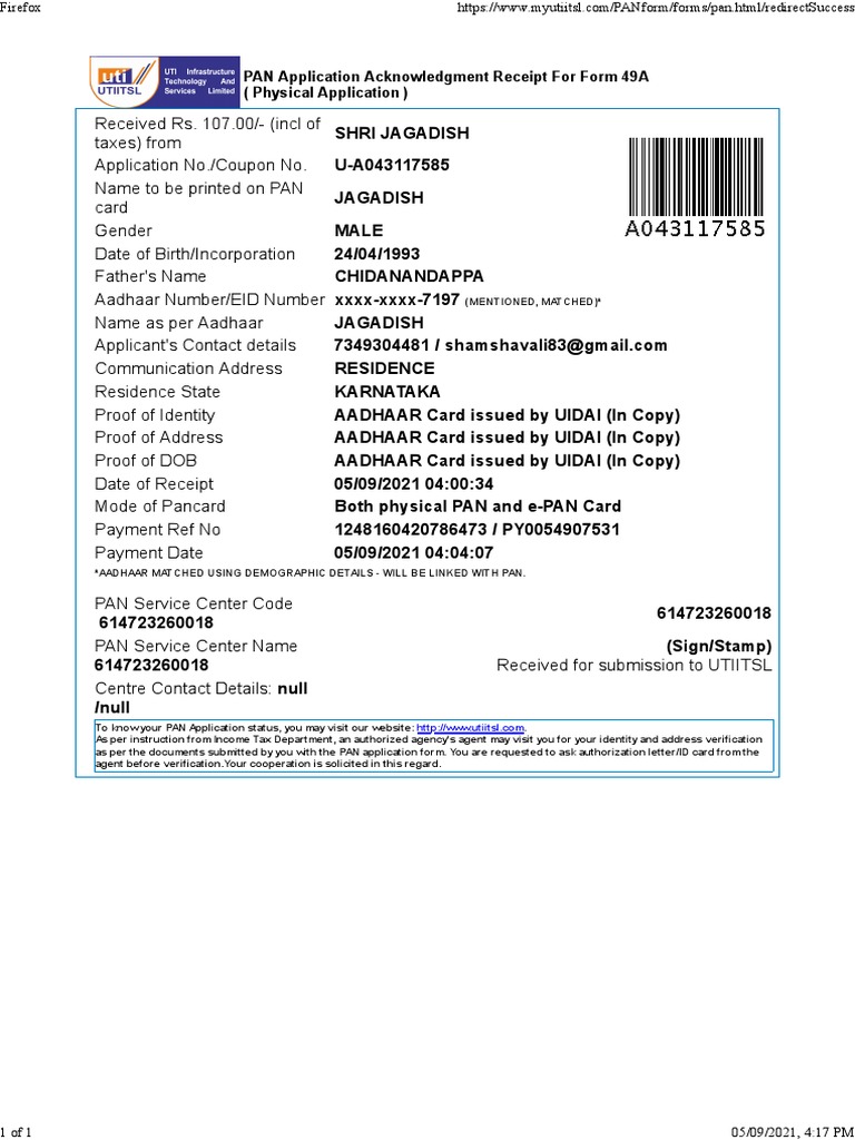 PAN Application Acknowledgment Receipt For Form 49A (Physical Application) | Download Free PDF ...