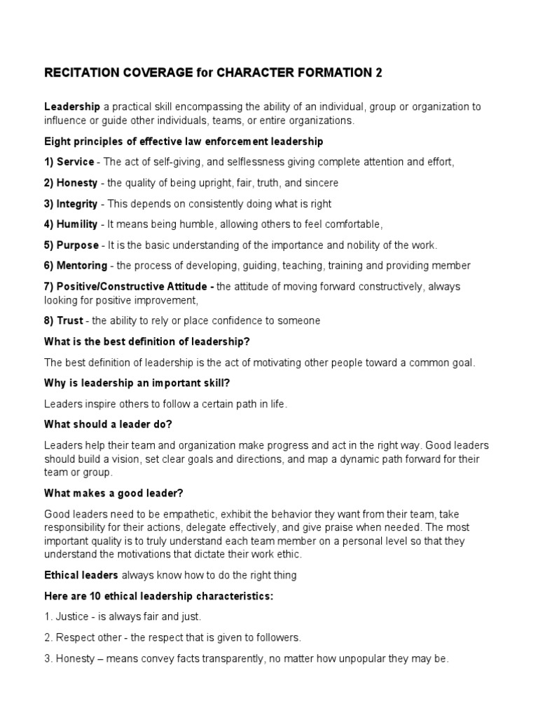 Recitation Coverage For Character Formation 2 | PDF | Leadership ...