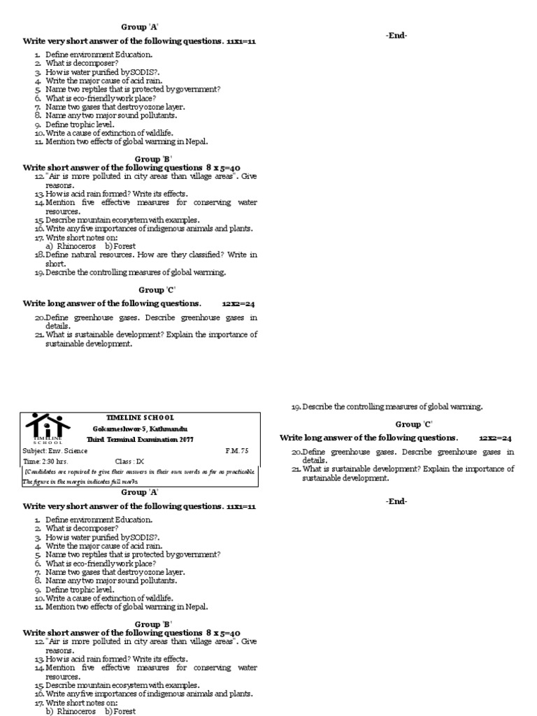 Group A answers environmental science exam questions | PDF | Ecology ...