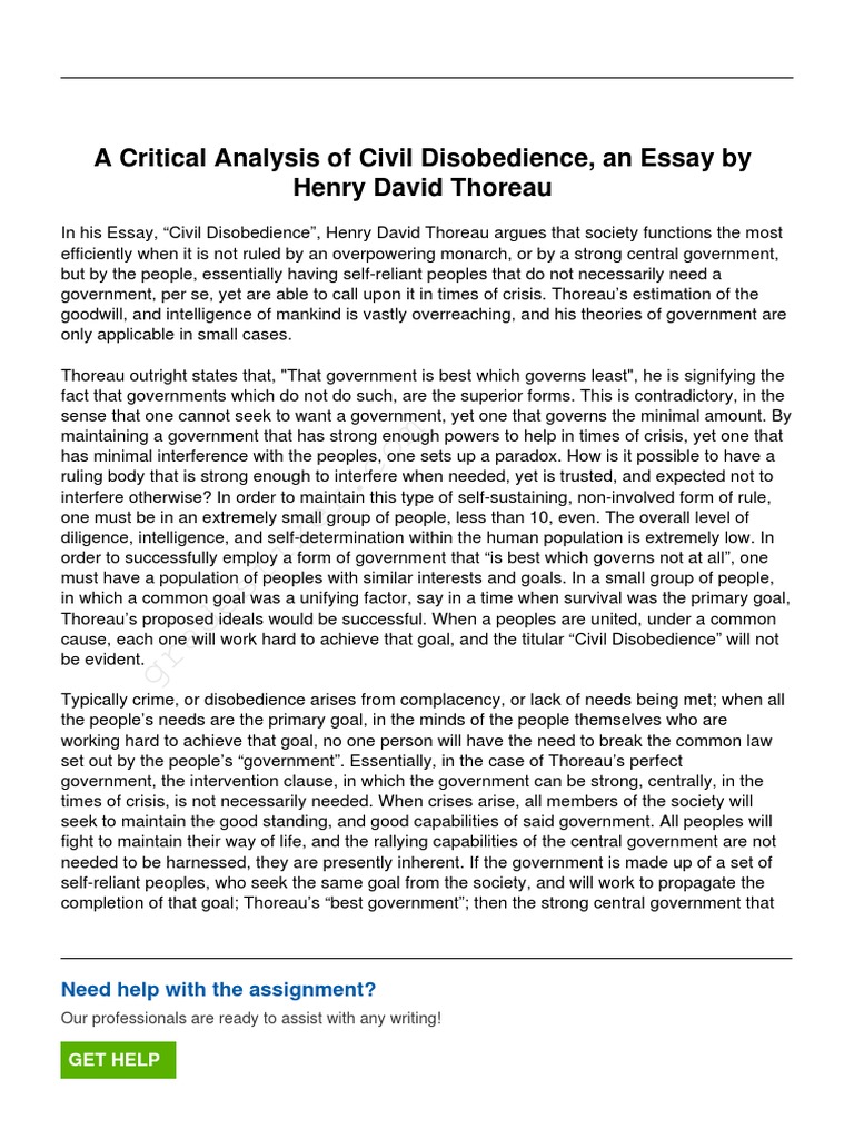 A Critical Analysis of Civil Disobedience An Essay by Henry David ...