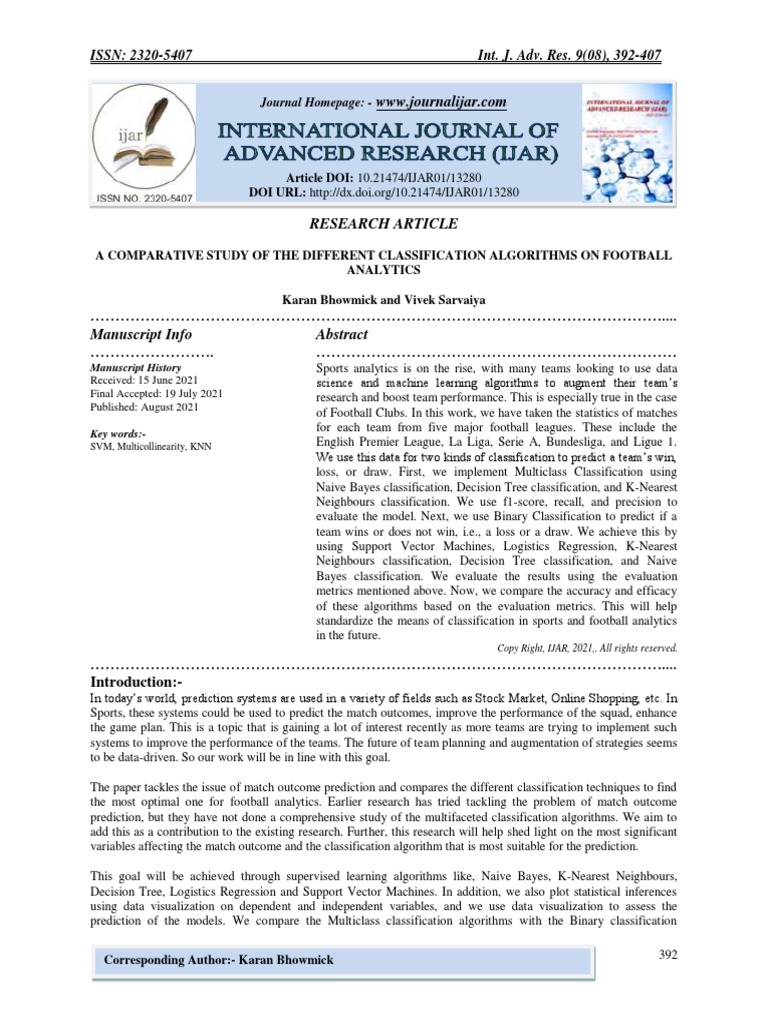 A Comparative Study of The Different Classification Algorithms On Football Analytics | PDF ...