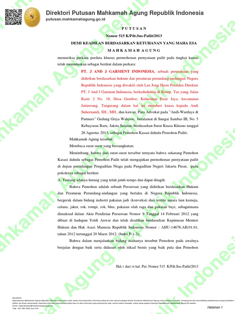 Putusan MA Nomor 515 - K - PDT - Sus-Pailit - 2013 J & J Garment ...