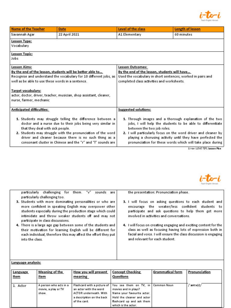 1 I-To-I LOVE TEFL Lesson Plan | PDF | Vocabulary | Lesson Plan