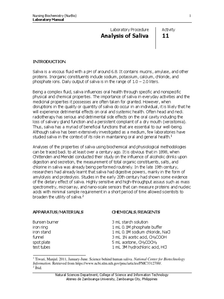 Saliva Analysis Laboratory Manual | PDF | Saliva | Physical Sciences