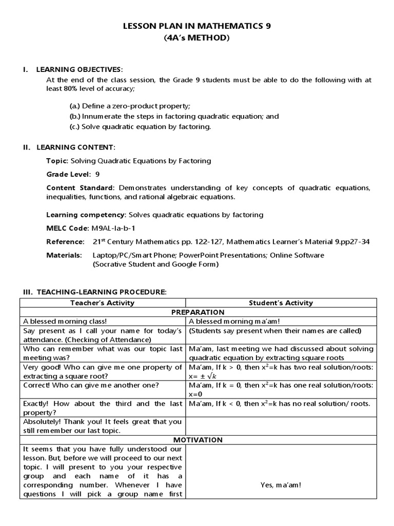 Grade 9 Lesson Plan: Quadratic Equations | PDF | Quadratic Equation ...