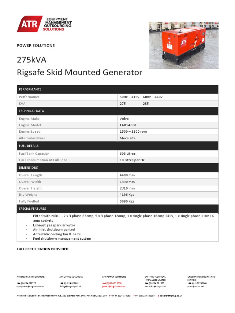 275KVA Rigsafe Skid Mounted Generator | PDF | Manufactured Goods | Machines