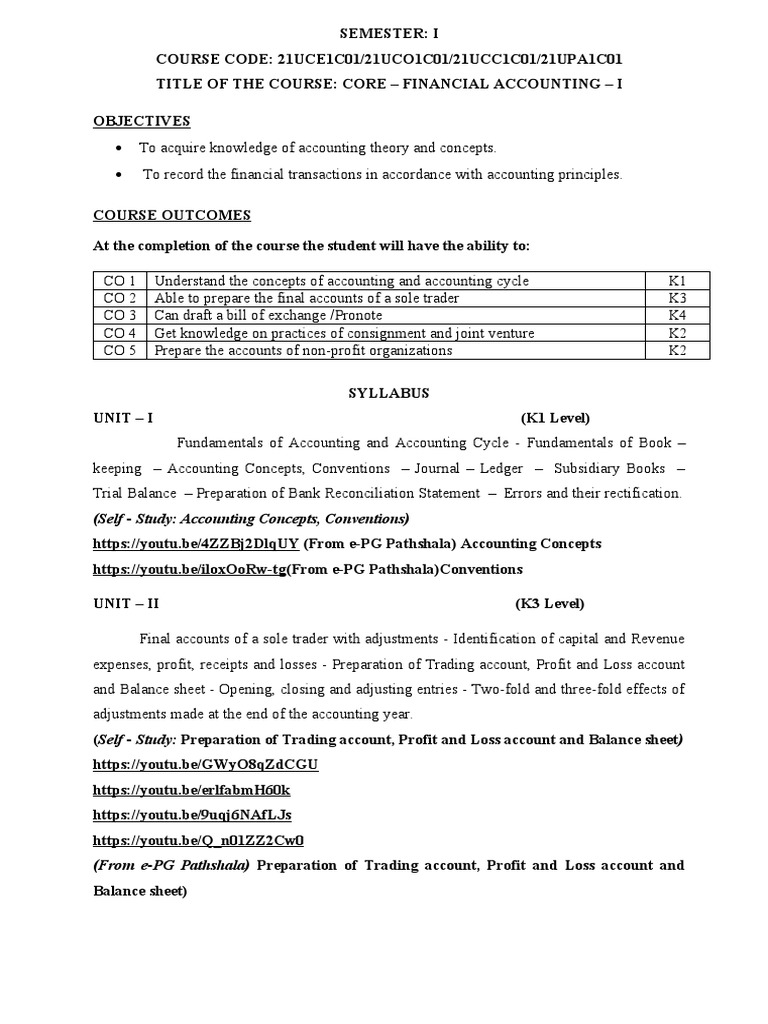 Financial Accounting - Syllabus - July 2021 | PDF | Accounting ...