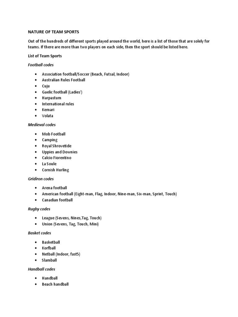 List of Team Sports | PDF | Sports Rules And Regulations | Summer Sports