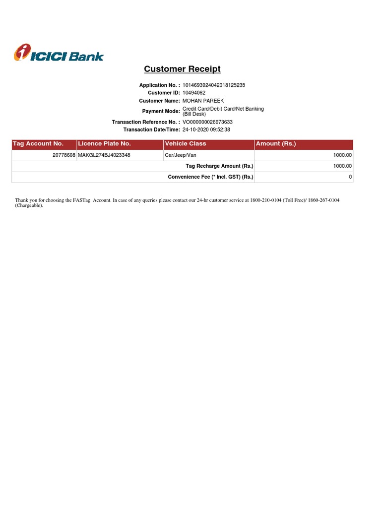 Customer Receipt: Tag Account No. Licence Plate No. Vehicle Class ...