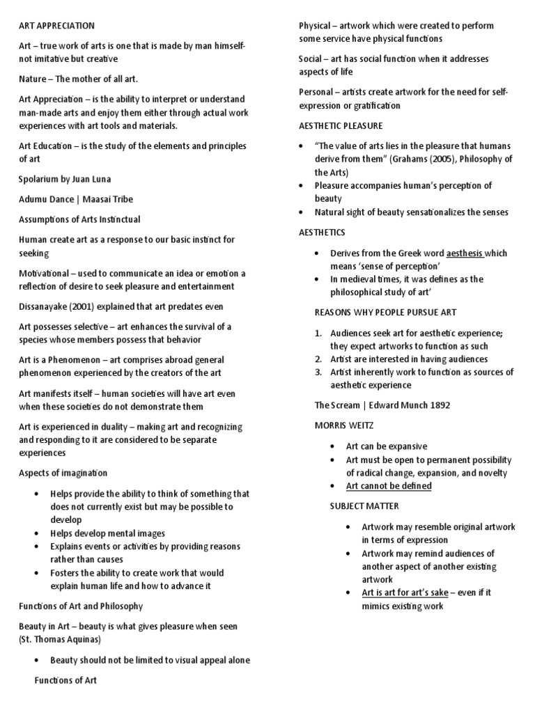 Art Appreciation Notes | PDF | Aesthetics | Pleasure