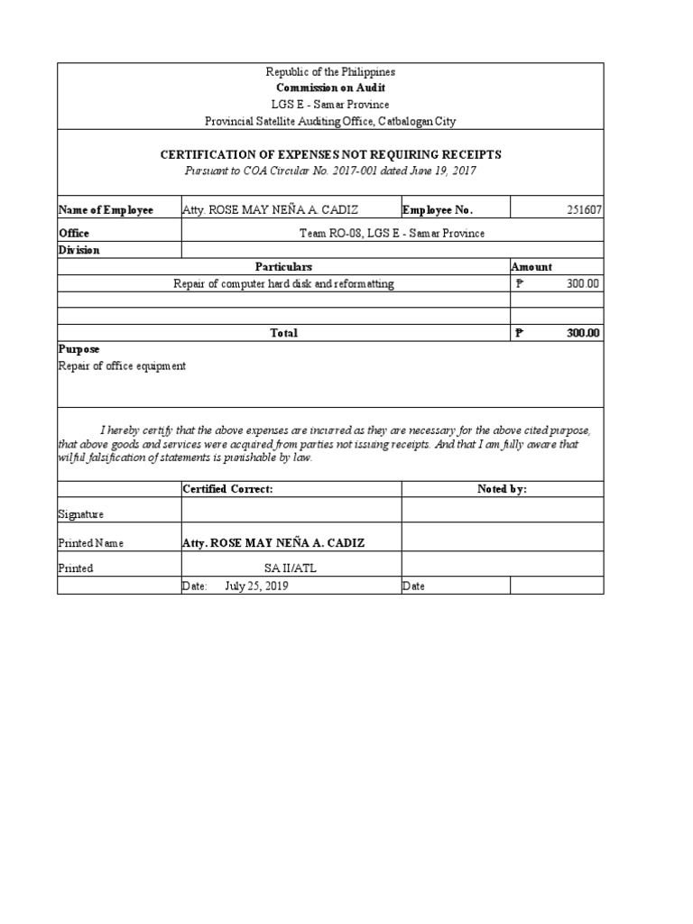 Certification Not Requiring Receipts | PDF