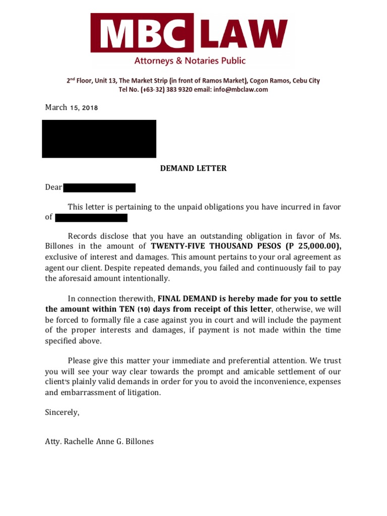 Demand Letter for Unpaid Obligation | PDF | Social Science | Law